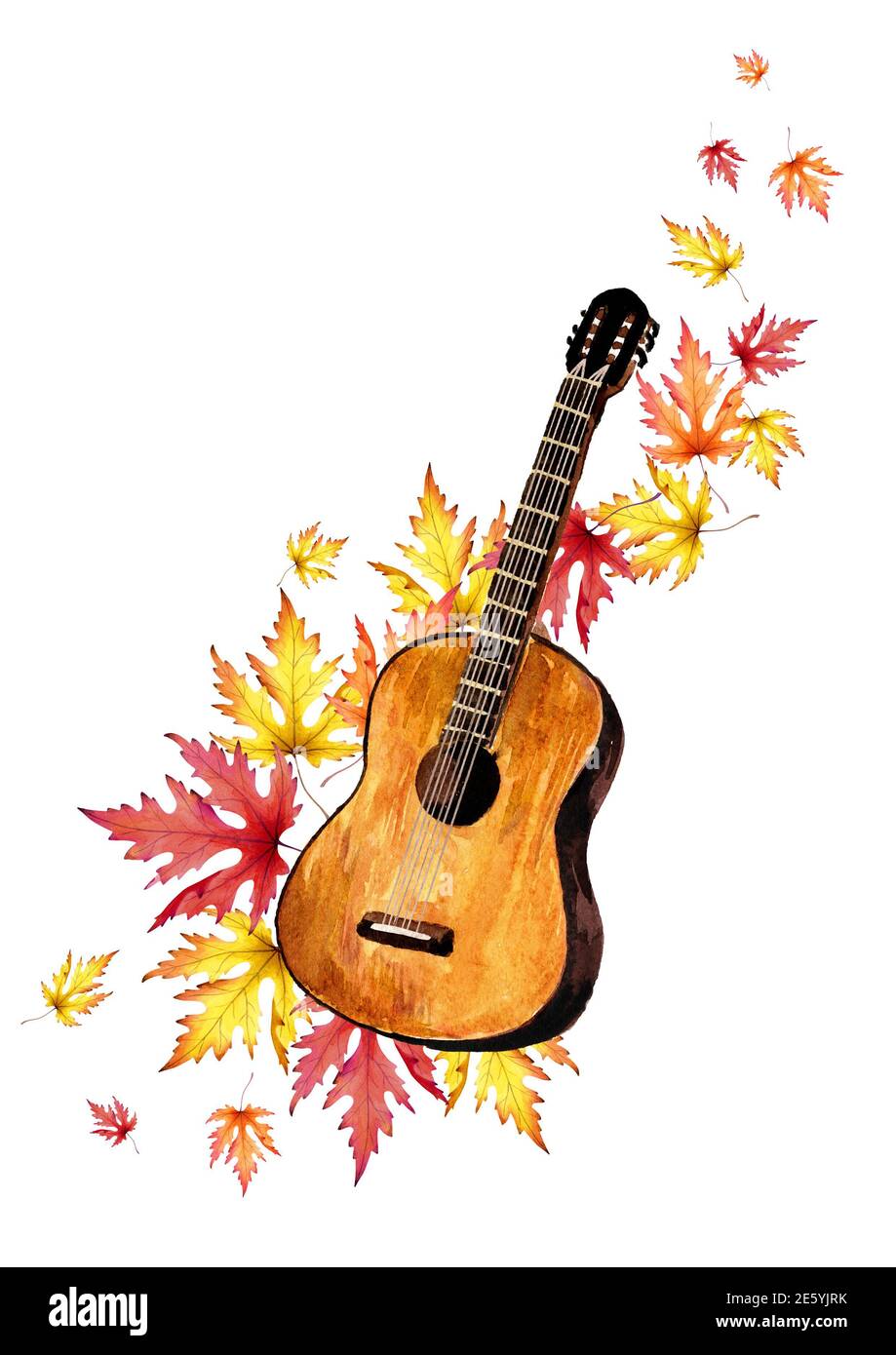 Wooden guitar music string instrument and colorful autumn leaves. Fall ...