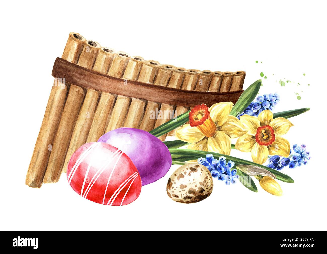 Wooden Pan Flute or panpipe and spring flowers. Happy Easter concept ...