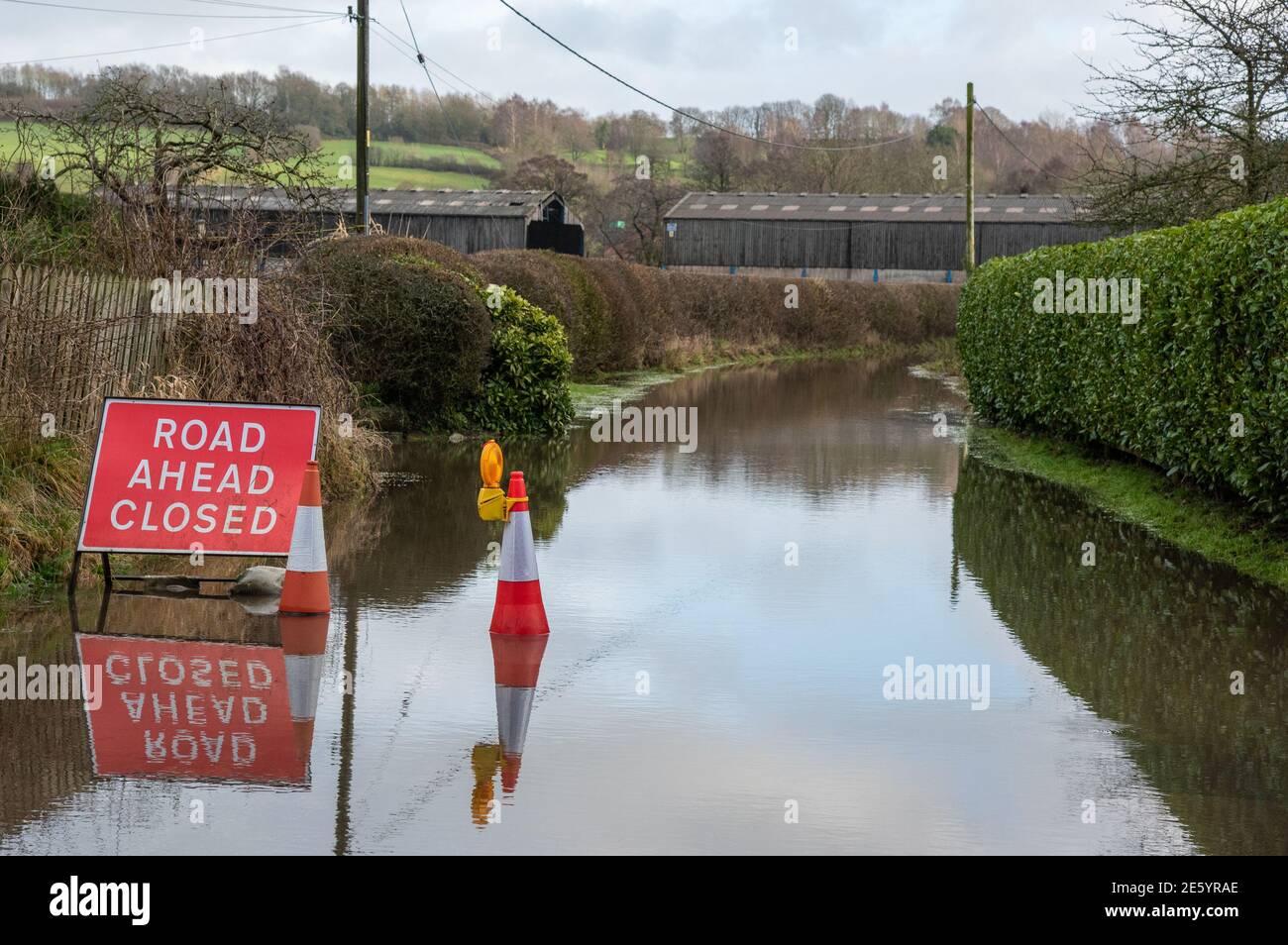 Ashbourne, Derbyshire, UK. 28th Jan, 2021. Flooded road near Ashbourne ...