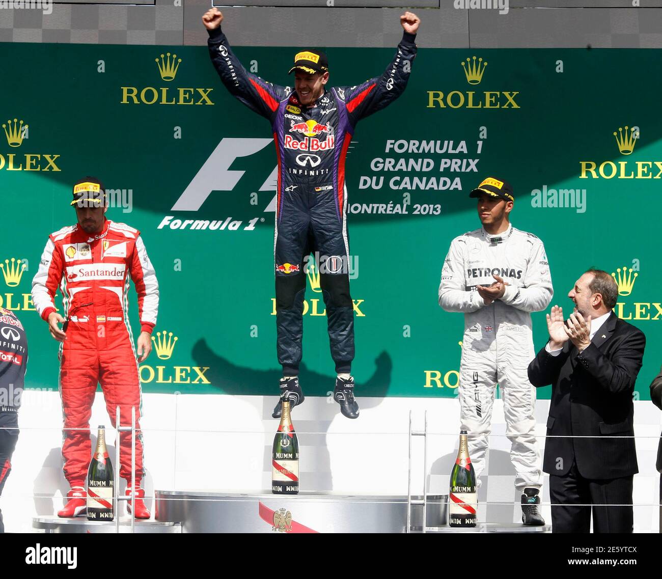 Ferrari celebrates on podium second placed lewis hamilton hi-res stock ...