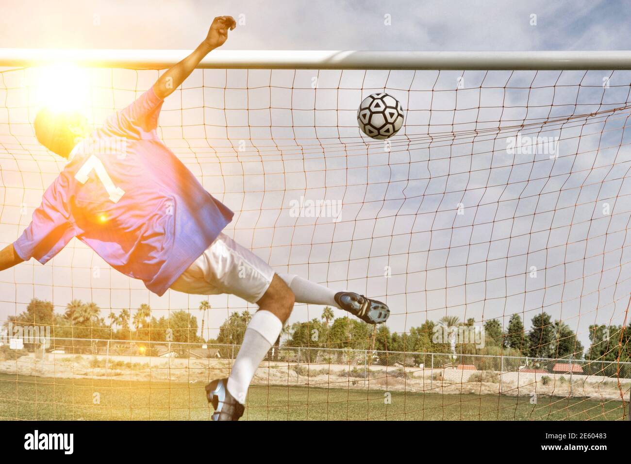 Rear view of young man scoring goal during soccer match Stock Photo - Alamy