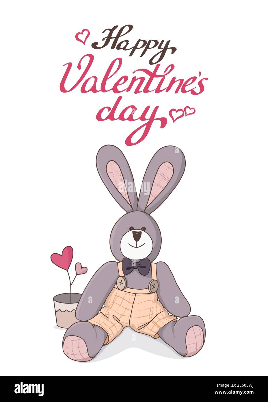 Vector hand-drawn illustration of a cute stuffed bunny. Greeting card ...