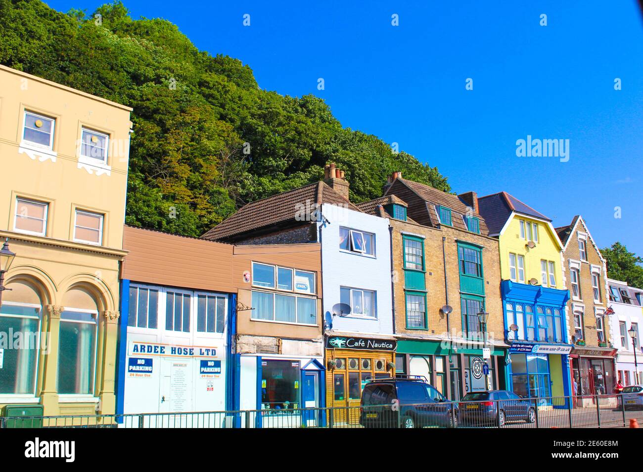 Colorful houses along A20 motorway in Dover.The A20 is a major road in ...