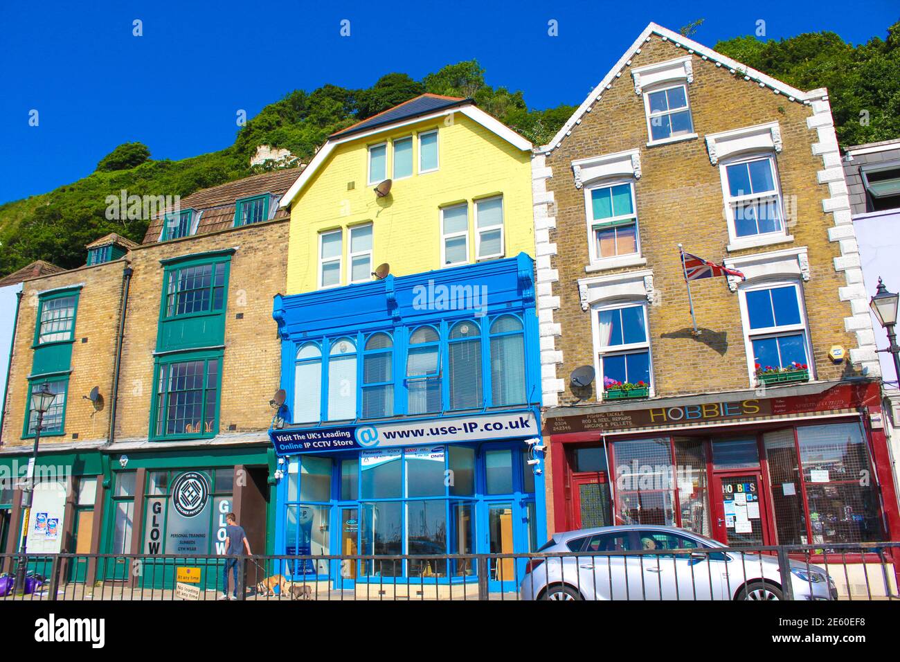 Colorful houses along A20 motorway in Dover.The A20 is a major road in ...