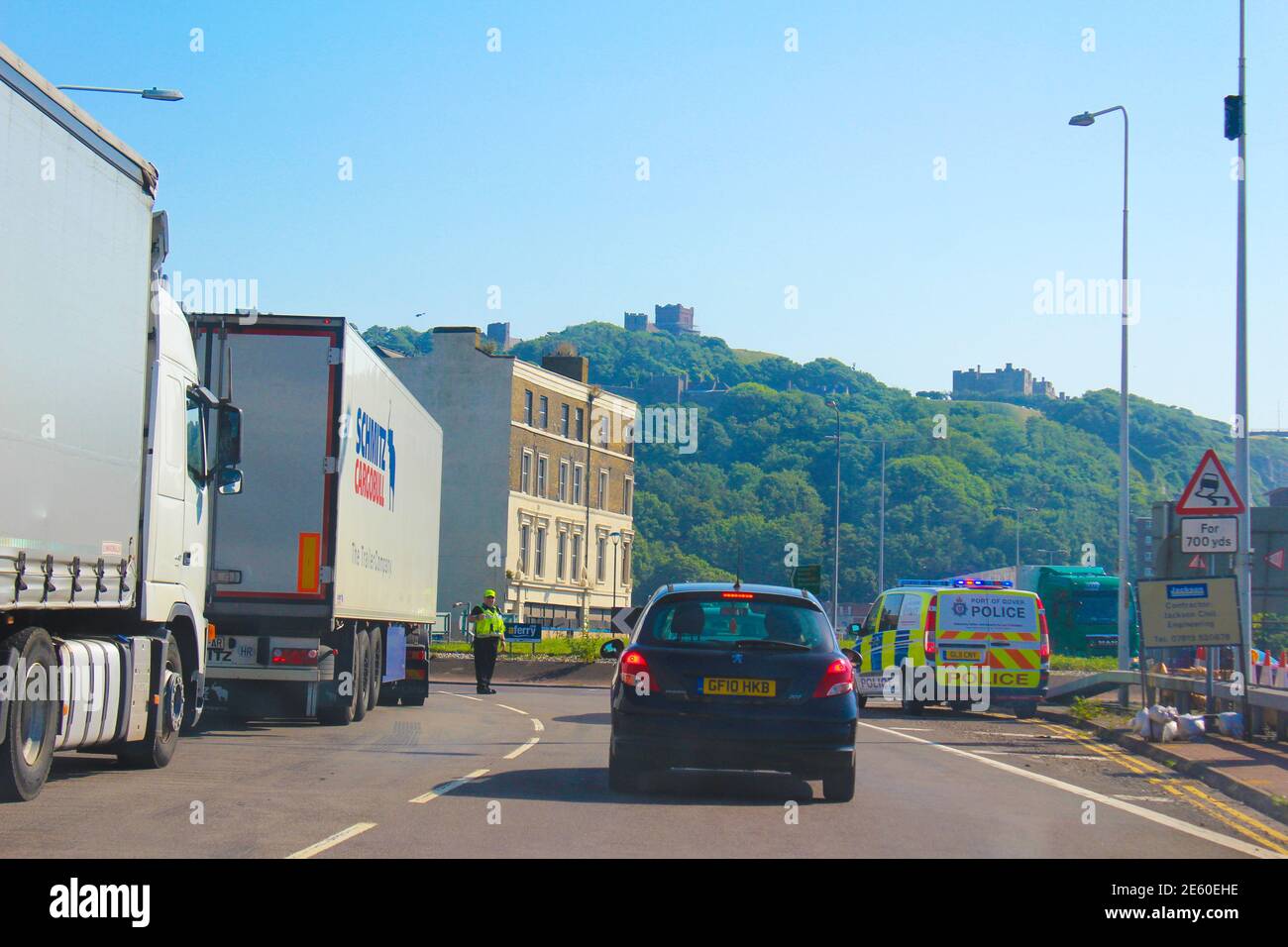 A 20 road close to Dover Port entrance packed with vehicles the White ...