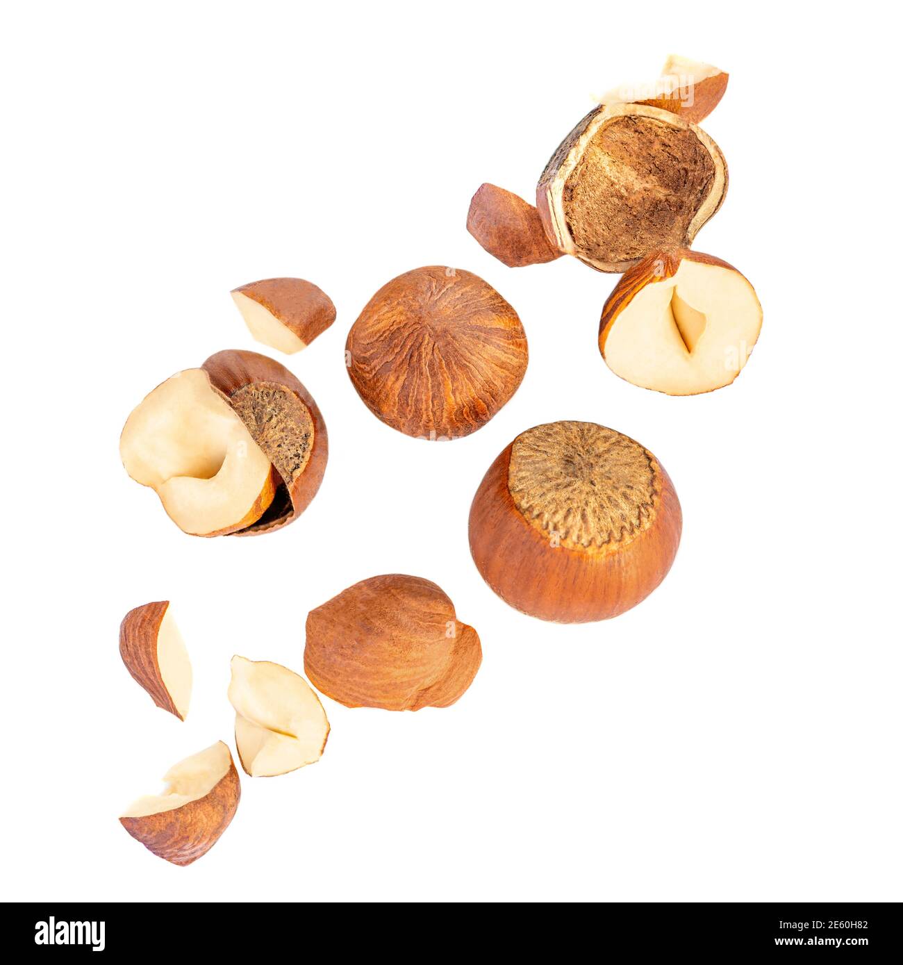 Falling hazelnuts isolated on white background. Creative food layout ...