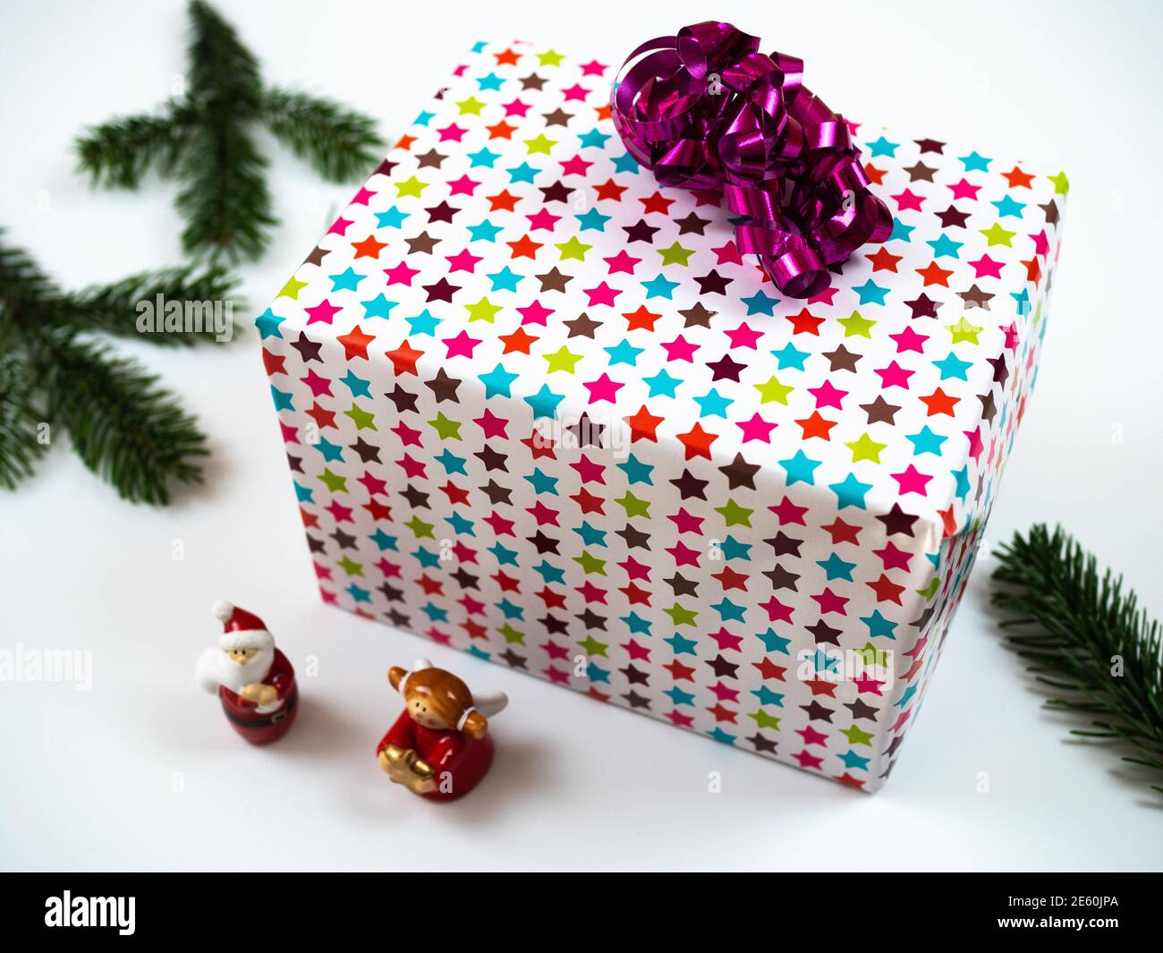 Christmas composition. Gift box, christmas decoration and fir tree ...