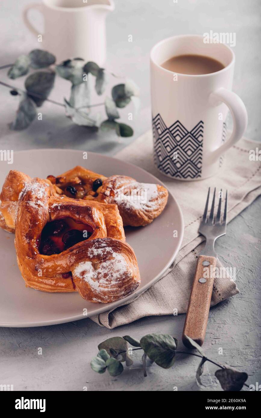 Homemade puff pastry with cherry and apple. Sweet tasty dessert with ...