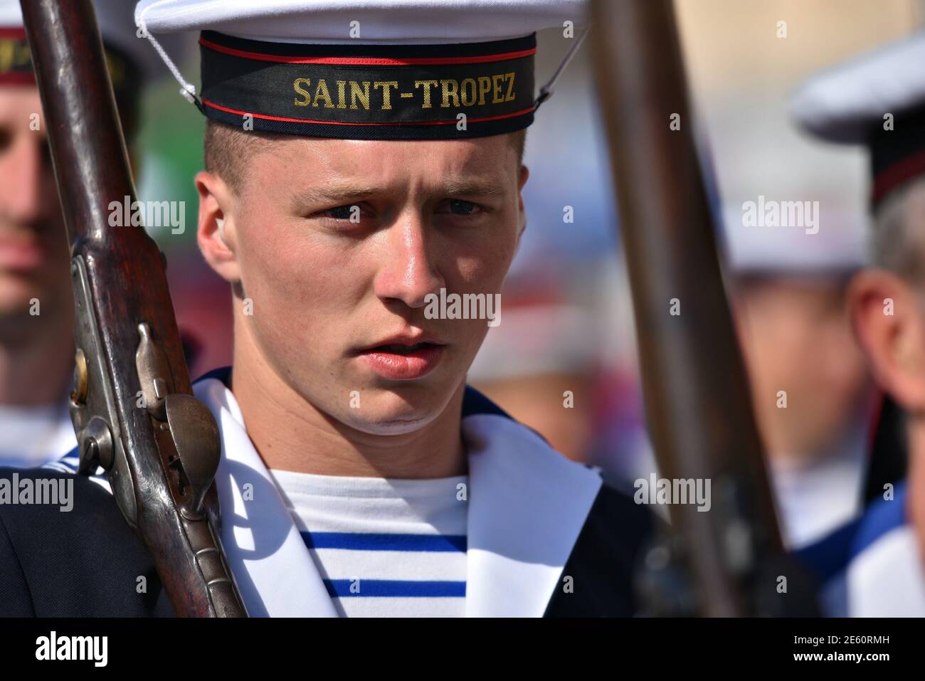 Portrait of a French Musketeer participant at the traditional local ...