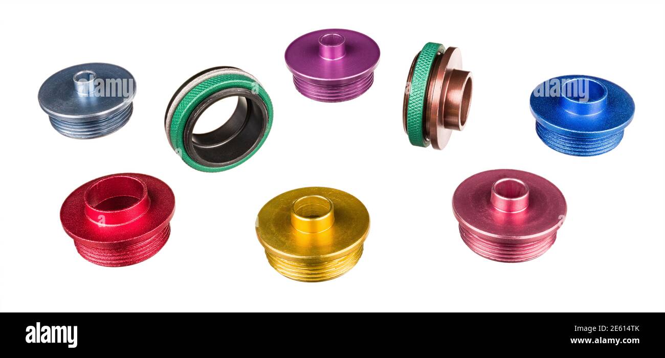 Set of aluminum router template guide bushings isolated on white ...