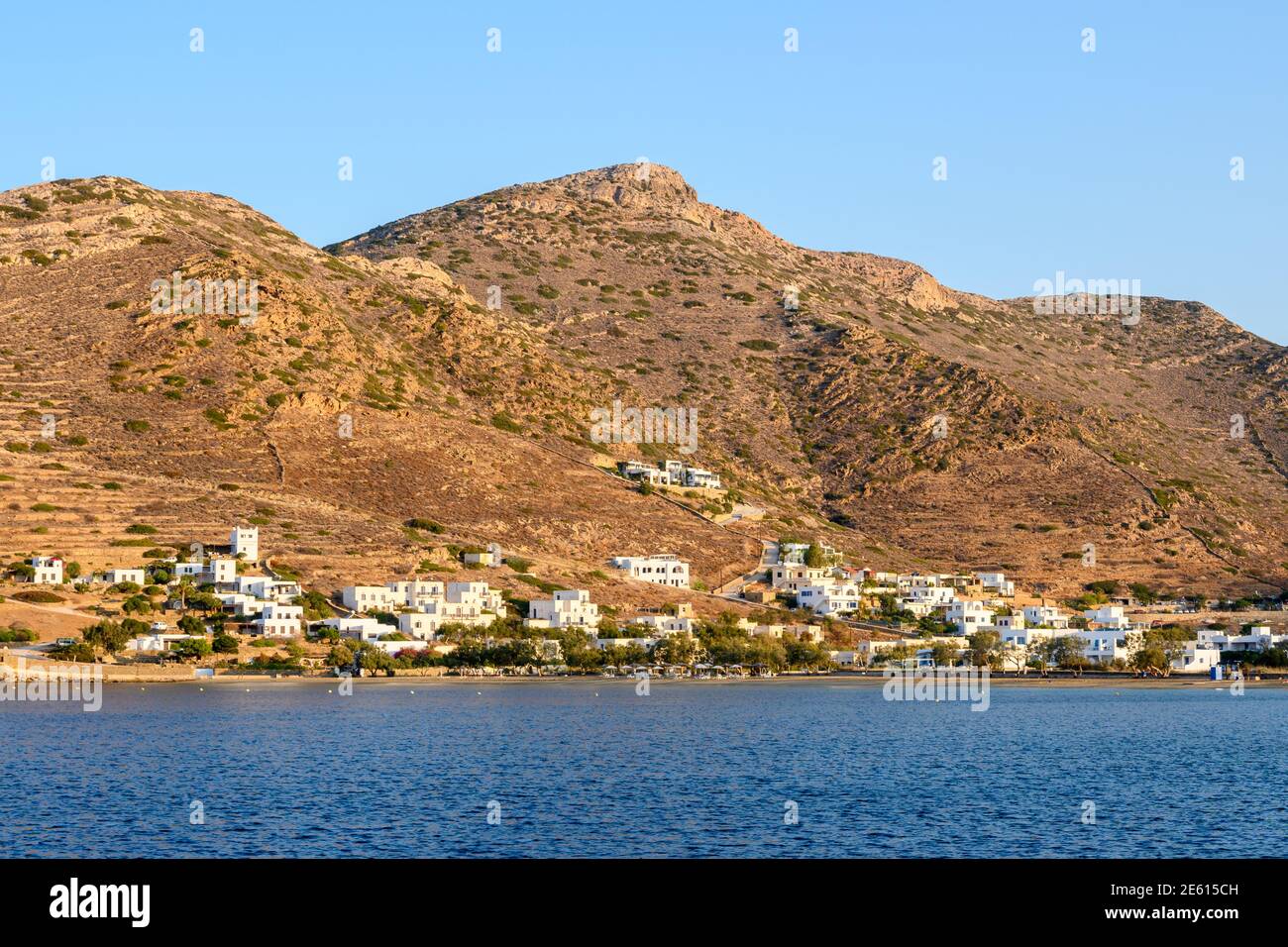 The bay and hills in the port of Chora on Ios Island. Cyclades, Greece ...