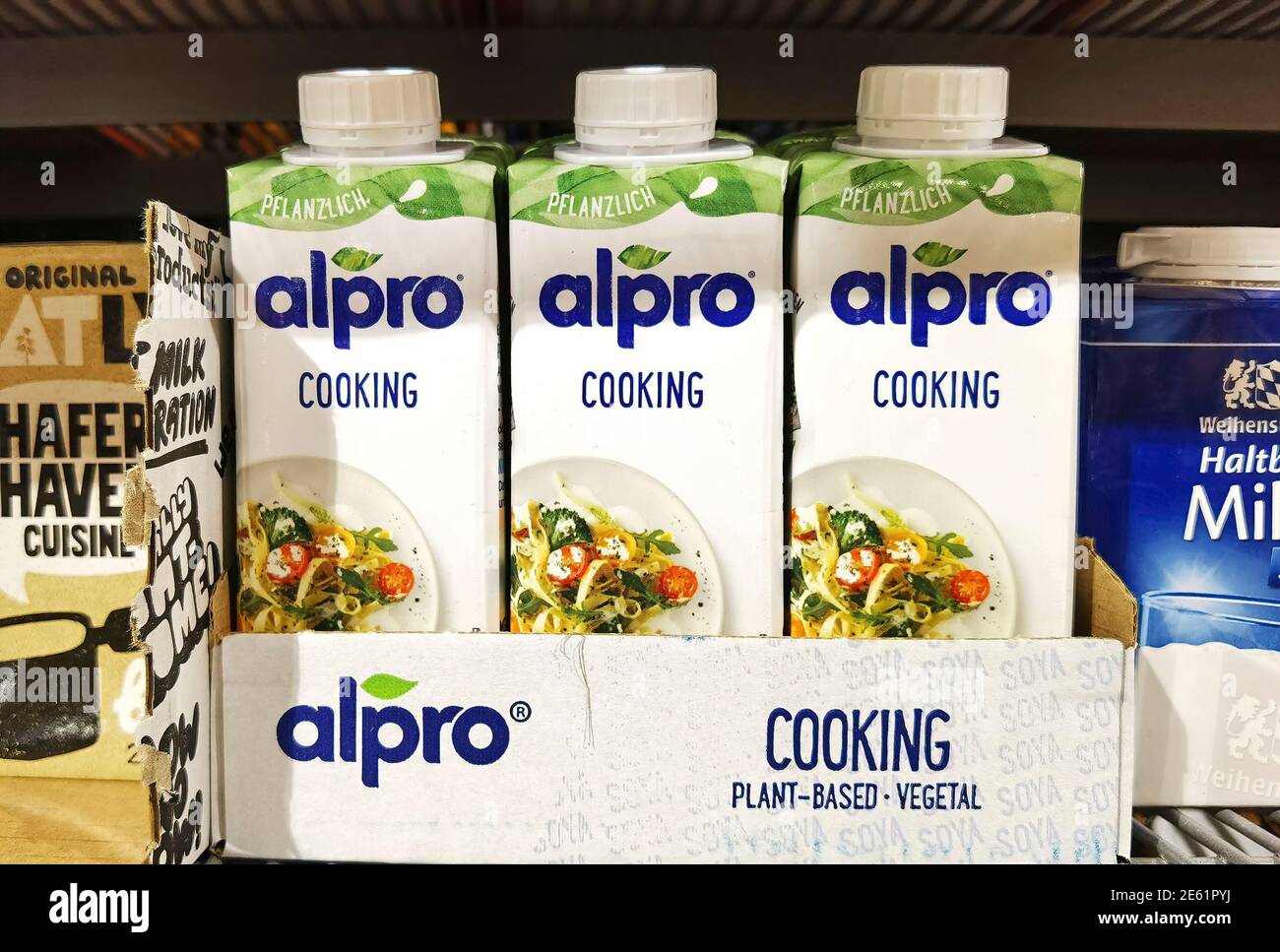 Berlin, Germany - January 25, 2021: View to a shelf with packages of ...