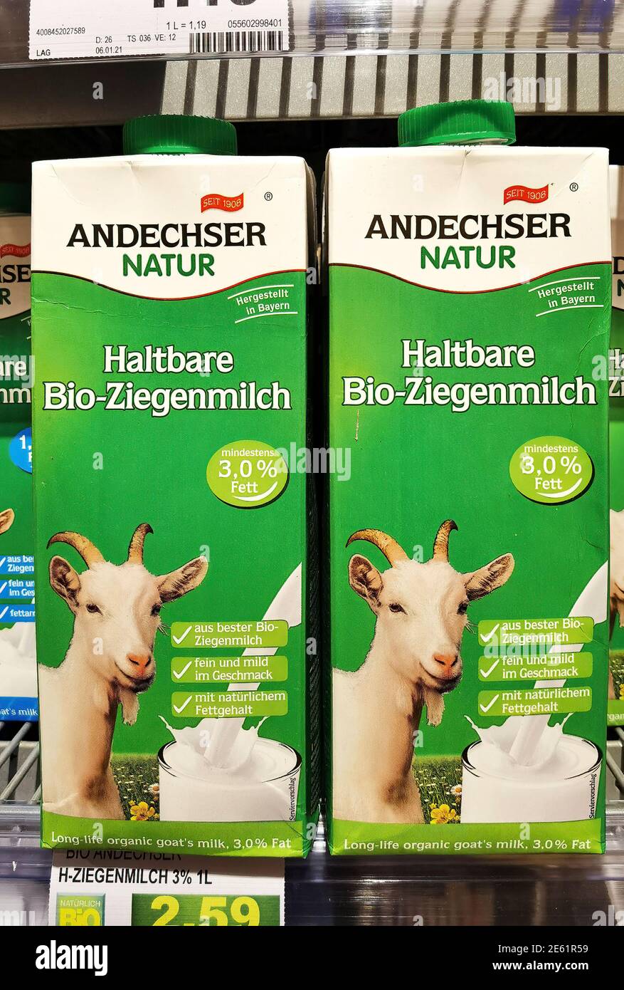 Berlin, Germany - January 25, 2021: View to a shelf with packages of ...