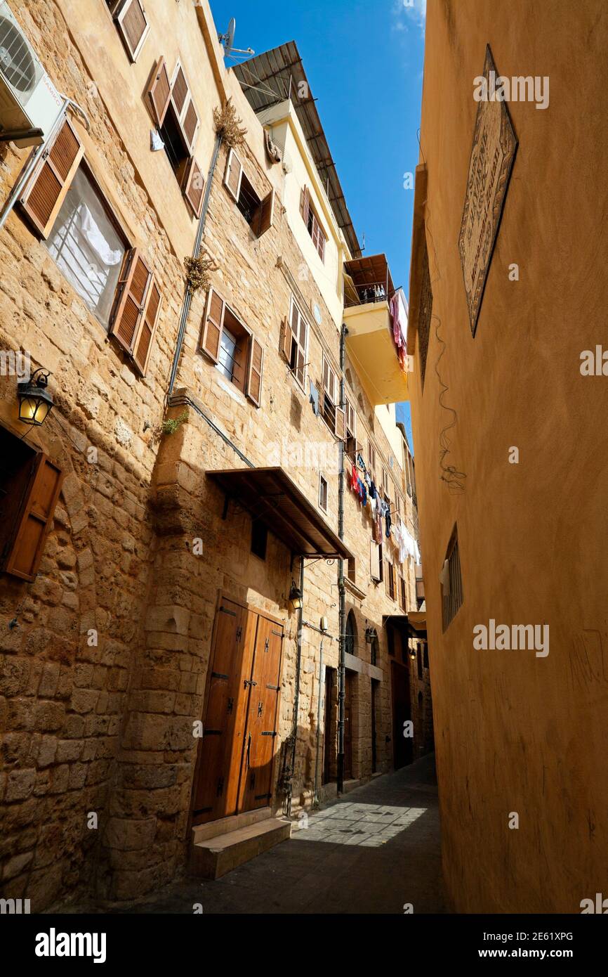 Old city downtown ancient streets perspective view in Saida, Lebanon ...