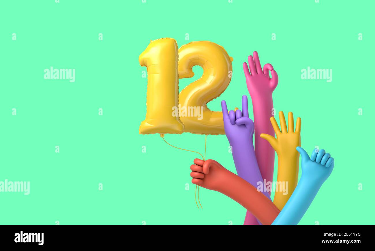 Colourful hands holding a happy 12th birthday party balloon. 3D ...