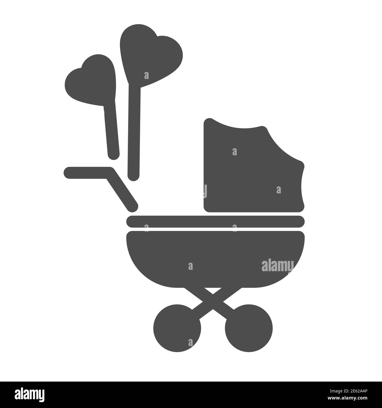 Pram with heart shaped balloons solid icon, newborn holiday concept ...
