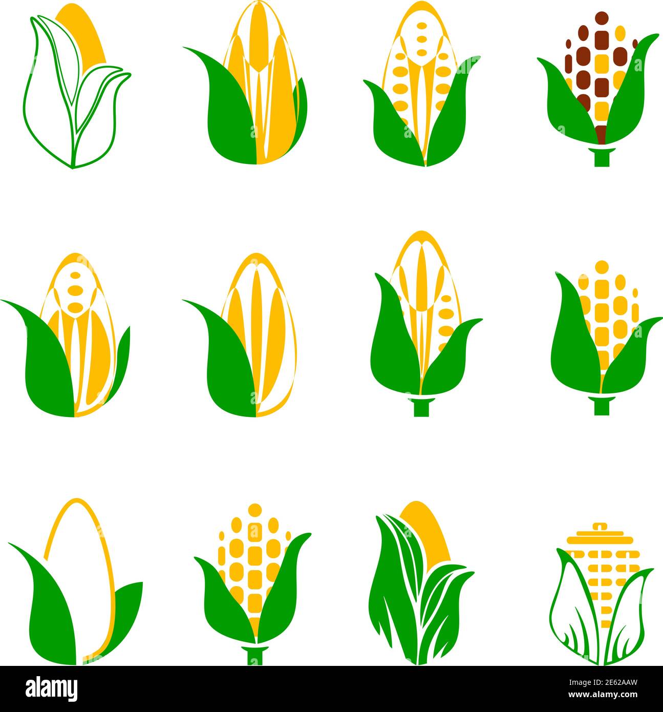Corn icons set isolated on white. Rye seed with green leaf. Vector ...