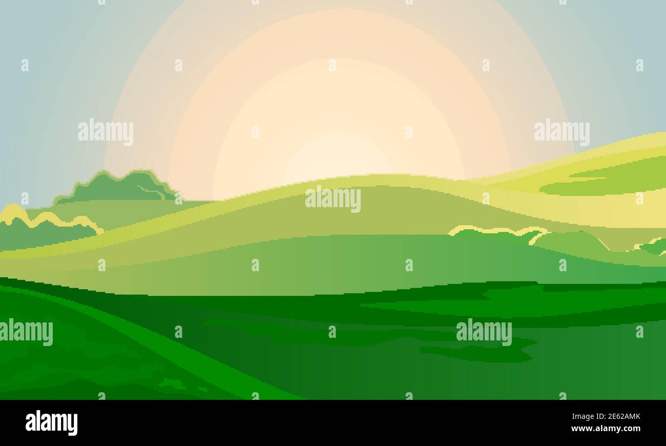 Summer green landscape field dawn above hills with grass. Sunrise in ...
