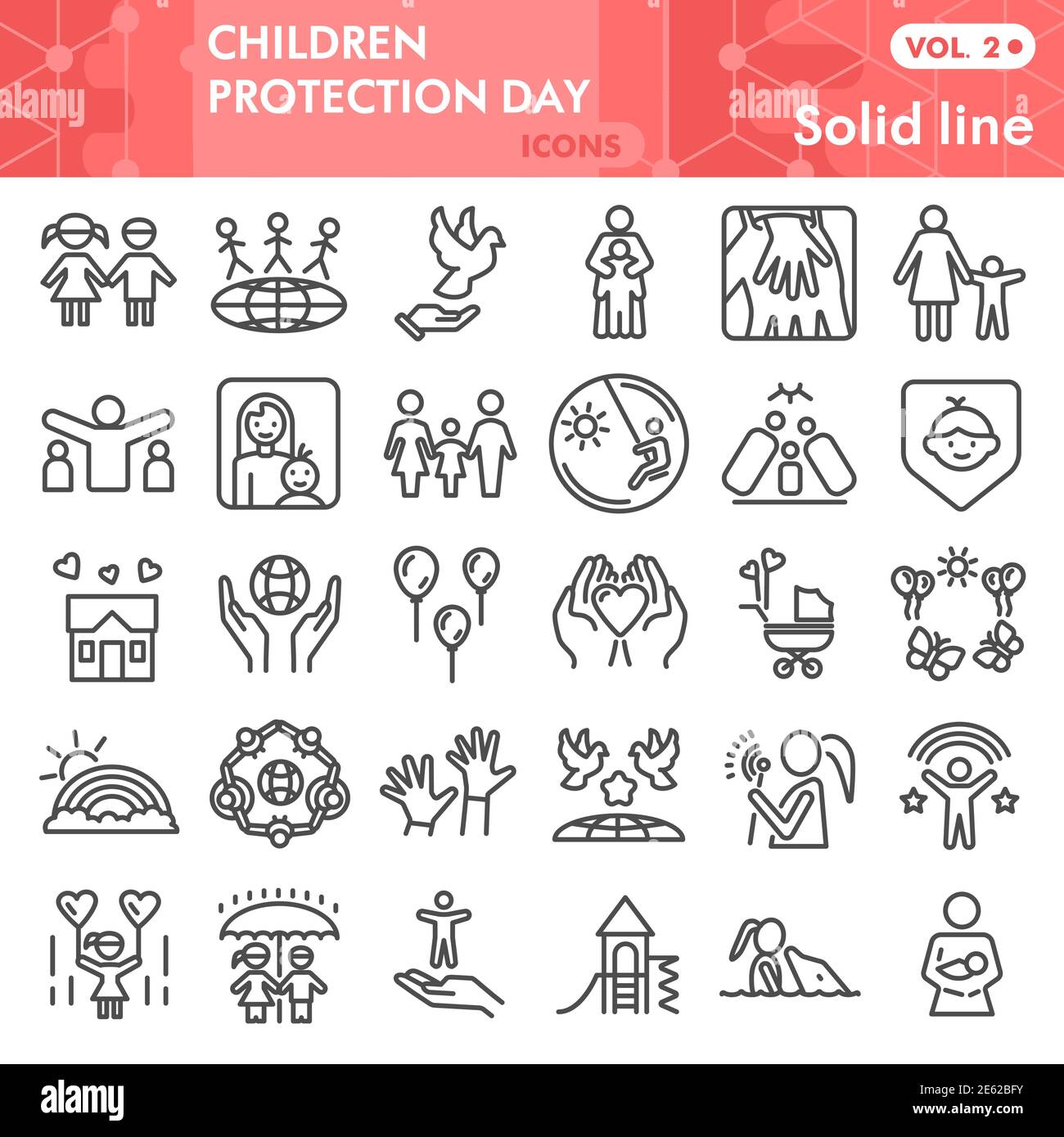 Children protection day line icon set, Child safety symbols set ...