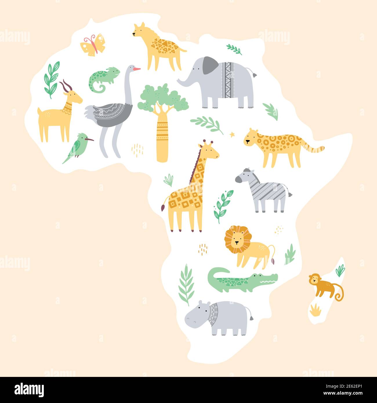 Africa map with cute african zoo animals giraffe, zebra, lion, bird ...