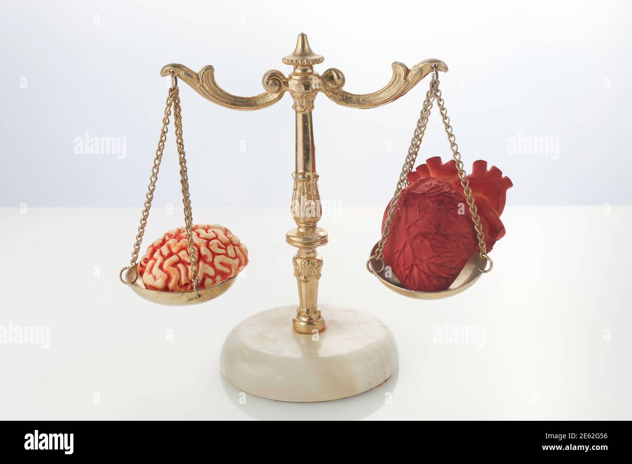 Brain and heart on scale balance on white background Stock Photo - Alamy