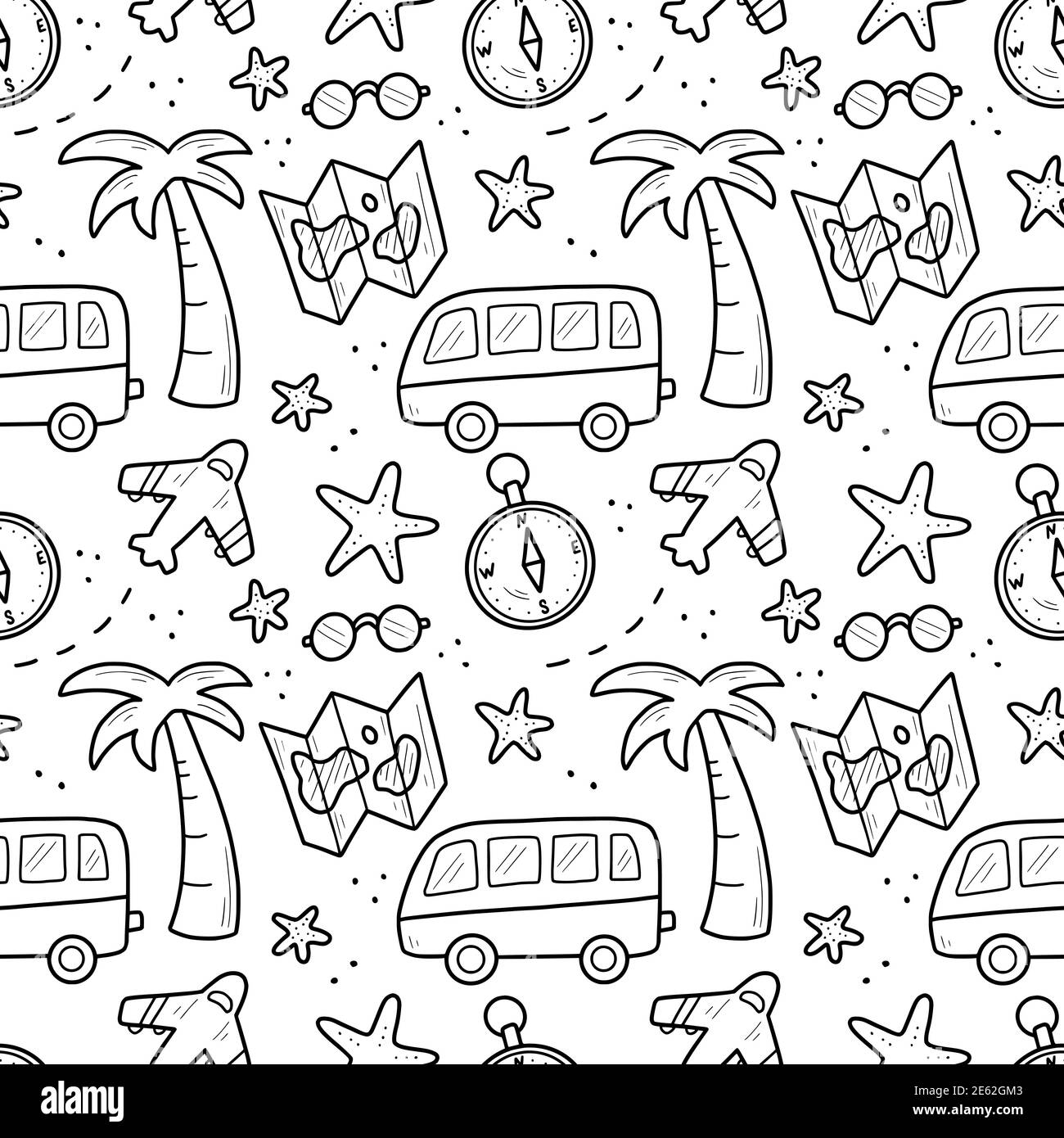 Hand drawn seamless pattern of travel summer vacation elements, luggage ...