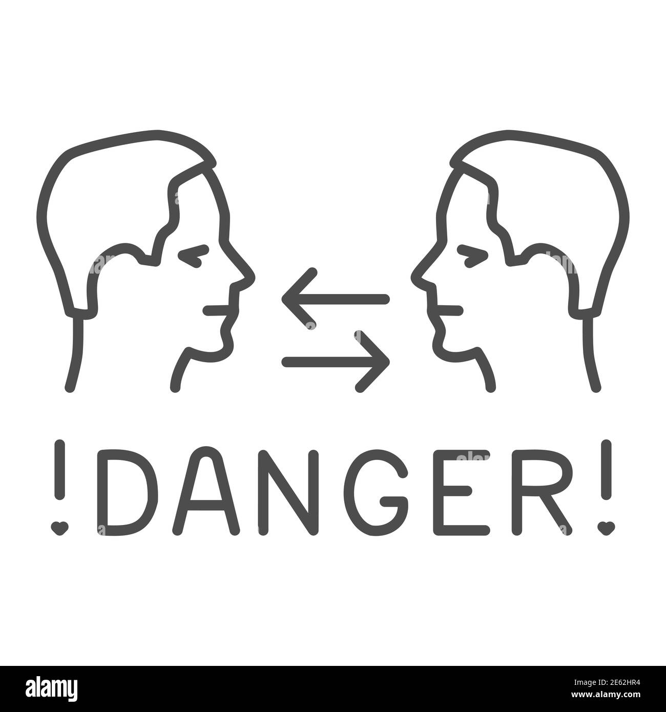 Two heads with arrows and danger warning thin line icon, prevent covid ...