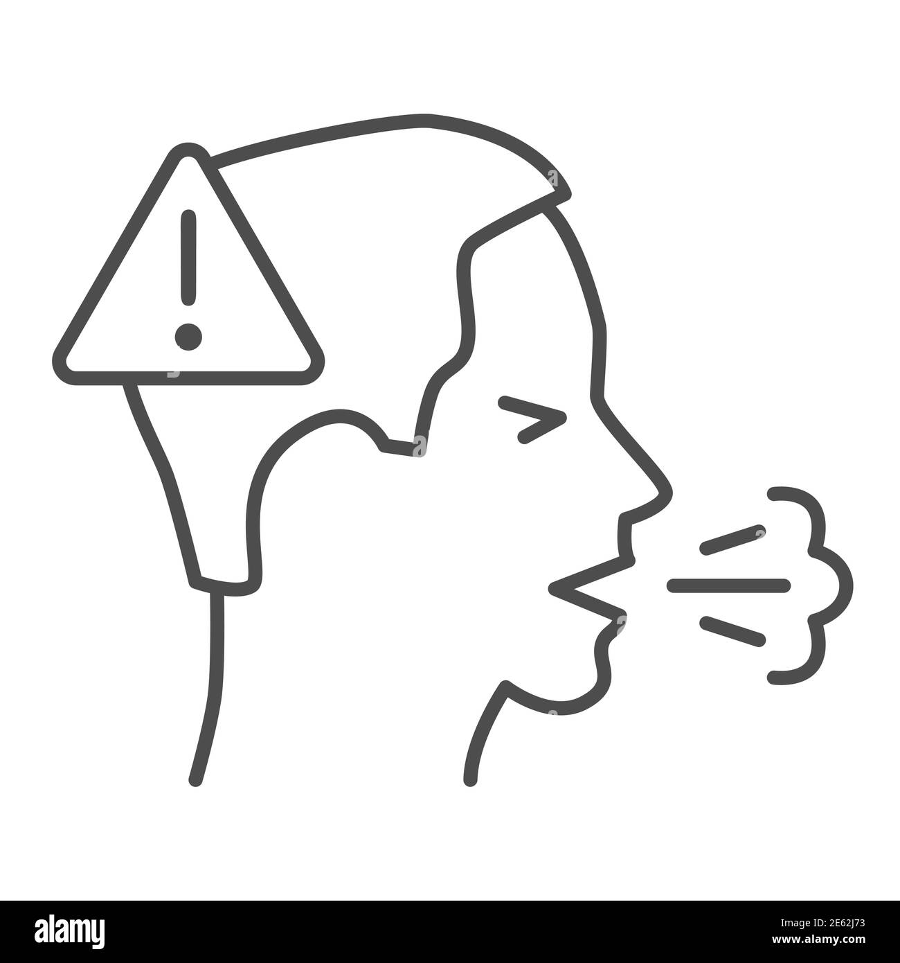 Sick man cough and warning sign thin line icon, covid-19 spread concept ...