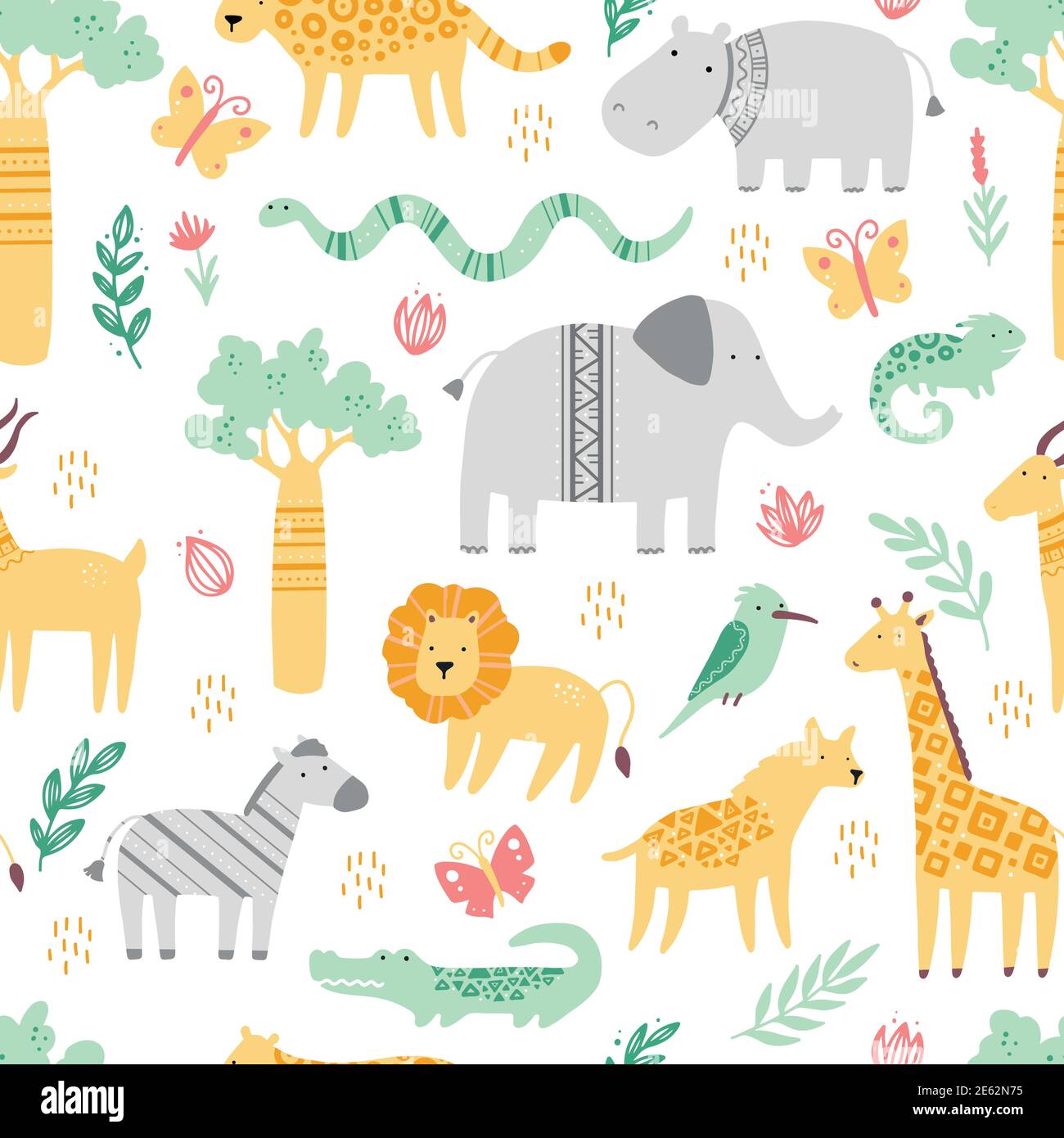 Seamless pattern with cute african zoo animals. Flat and simple design ...
