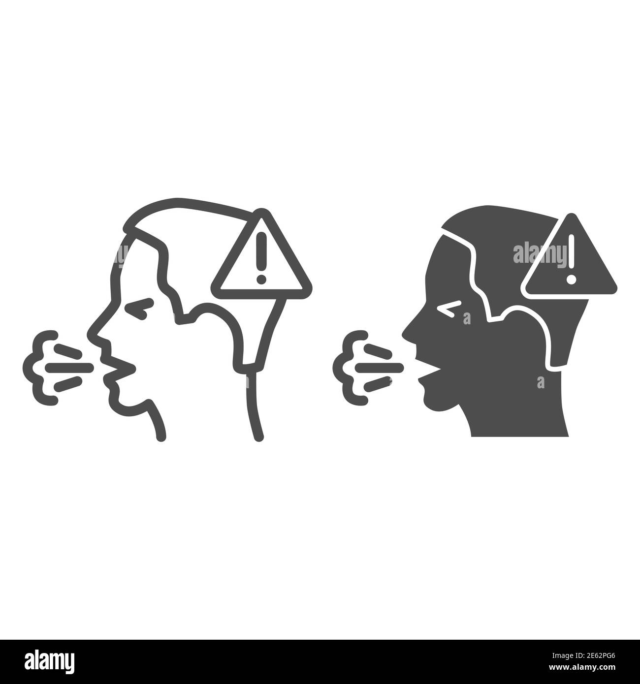 Sick man cough and warning sign line and solid icon, covid-19 spread ...