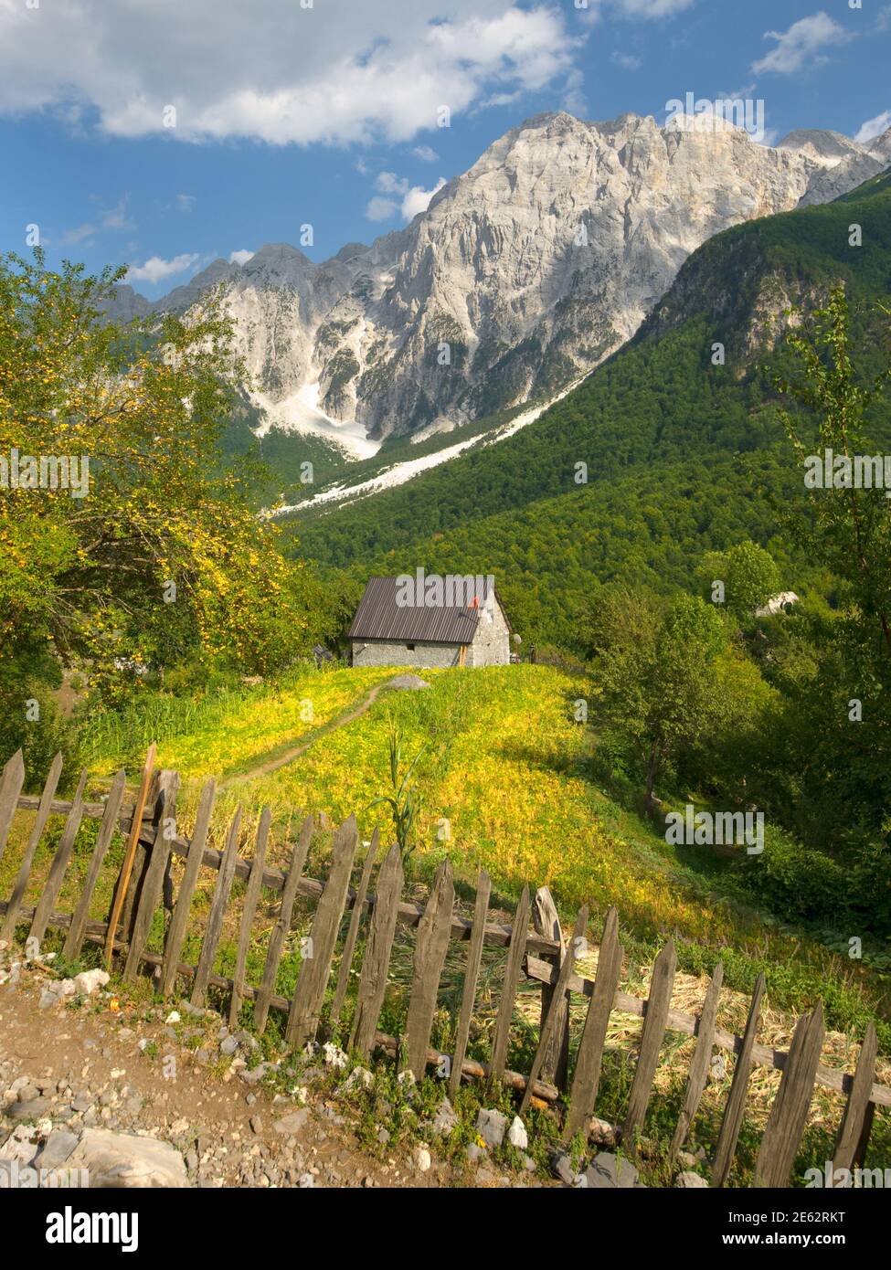 Farm And Peak Of Albanian Alps In Valbona Valley Stock Photo - Alamy