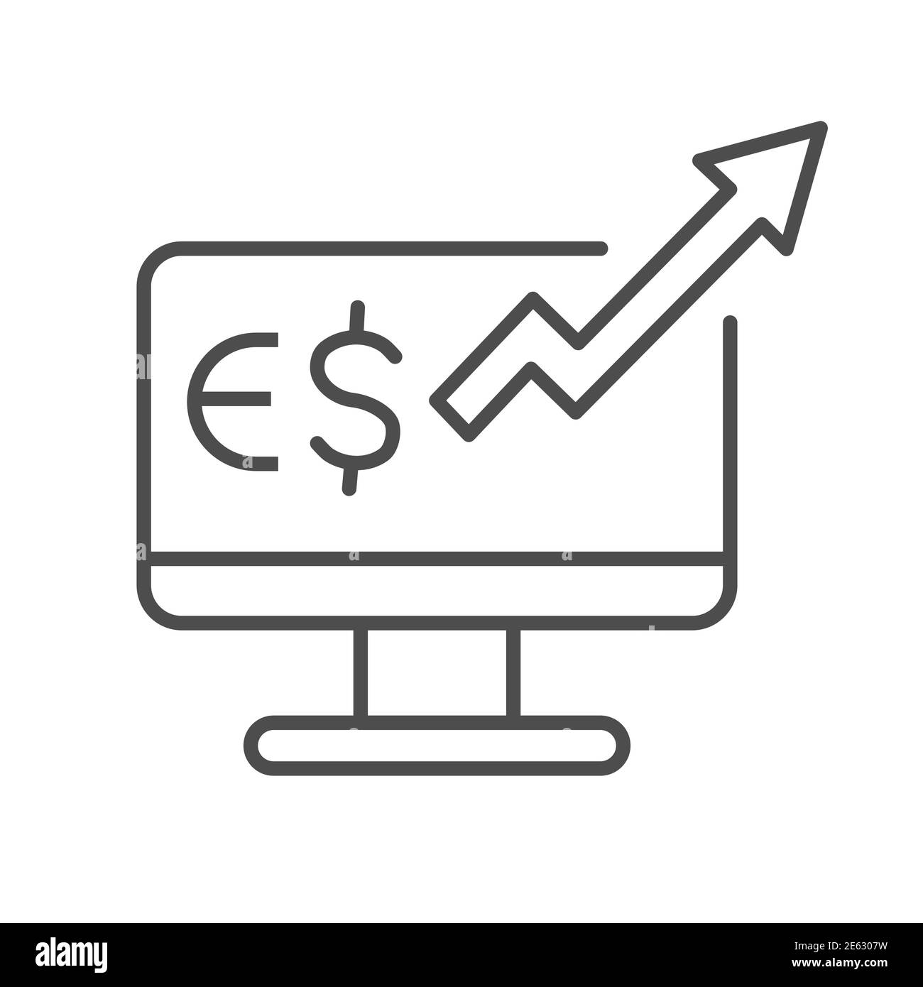 Euro rate increase on computer monitor thin line icon, business ...