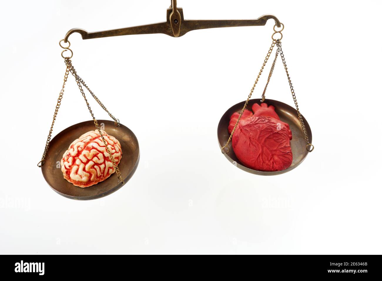 Brain and heart on scale balance on white background Stock Photo - Alamy