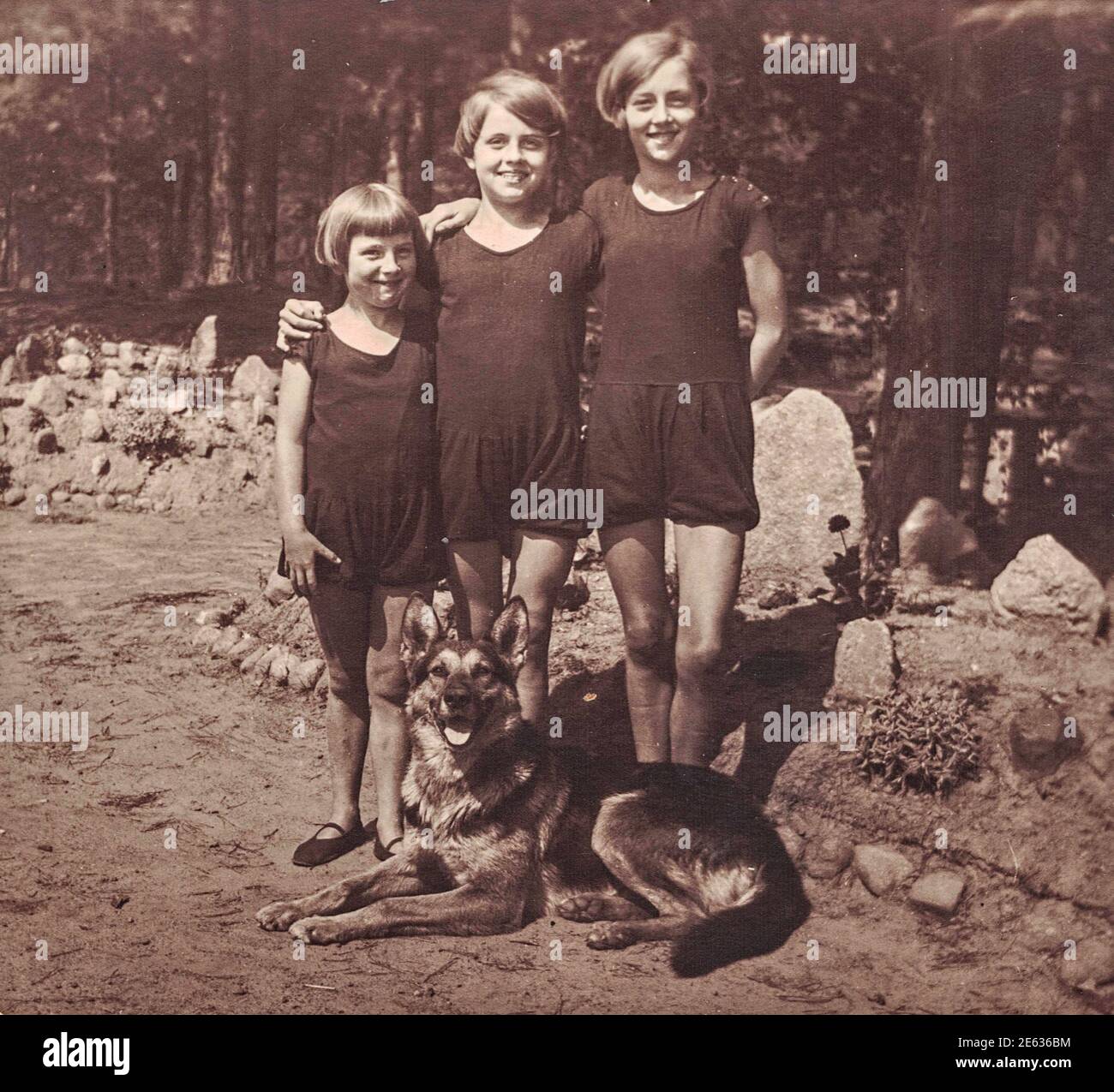 GERMANY - 1928: Vintage photo shows 3 young girls in the summer time ...