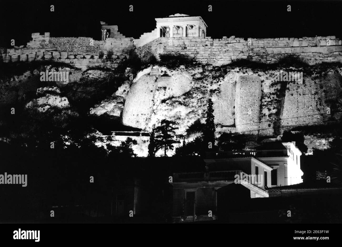 Night view of part of the Athens Acropolis. Part of the Erechtheion and ...