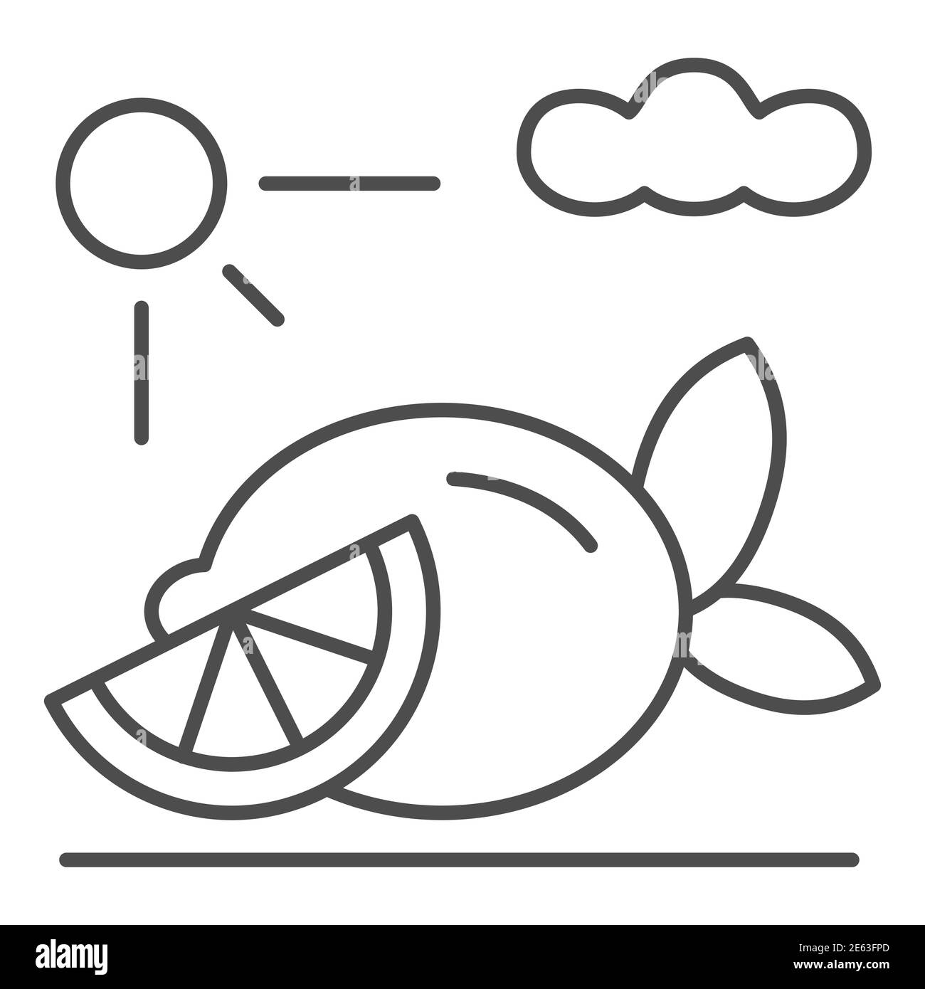 Lemon and slice with sun and clouds thin line icon, fruits concept ...