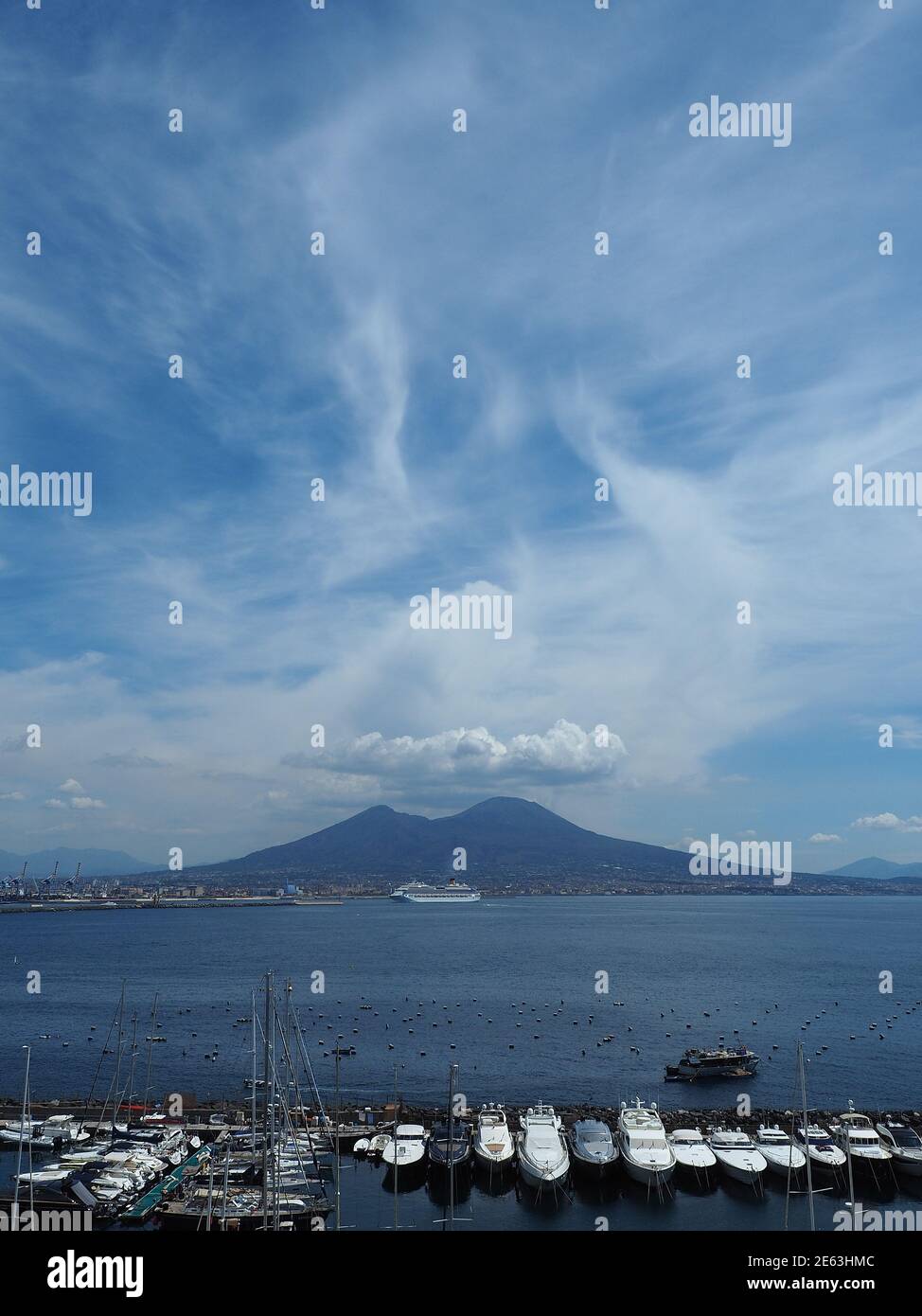 NAPLES, ITALY - September 4, 2017: Fishing boats and volcano Vesuvius ...
