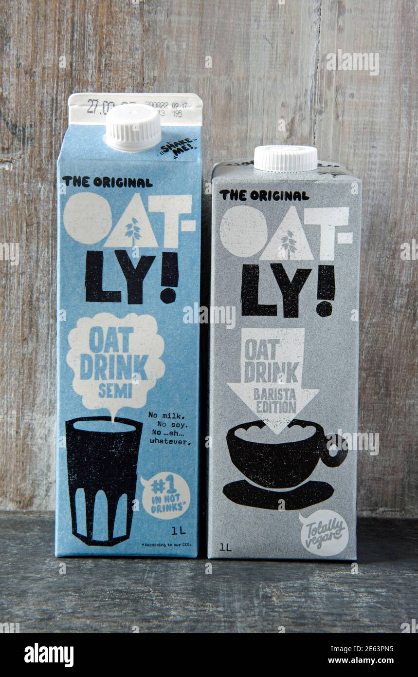 Two cartons of Oatly vegan oat milk or drink; The Original Oatly Semi ...
