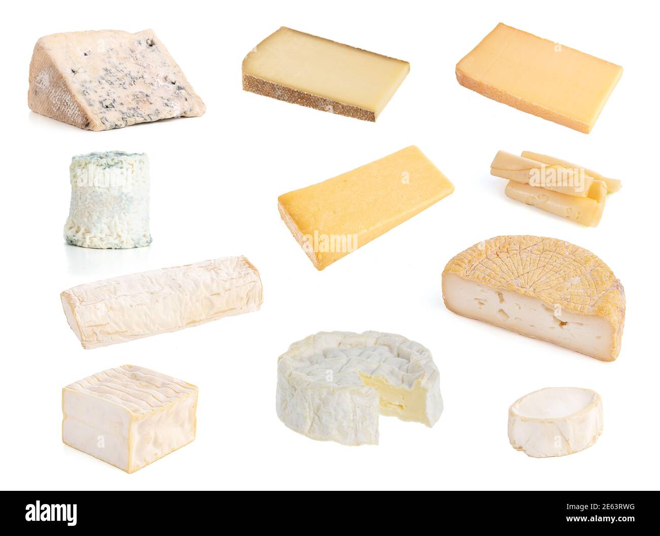Assortment of French cheeses on a white background Stock Photo - Alamy