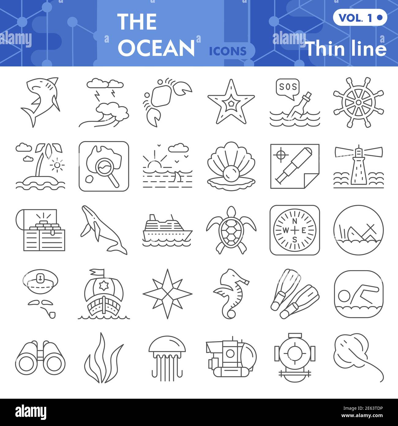 Ocean thin line icon set, nautical symbols collection or sketches ...
