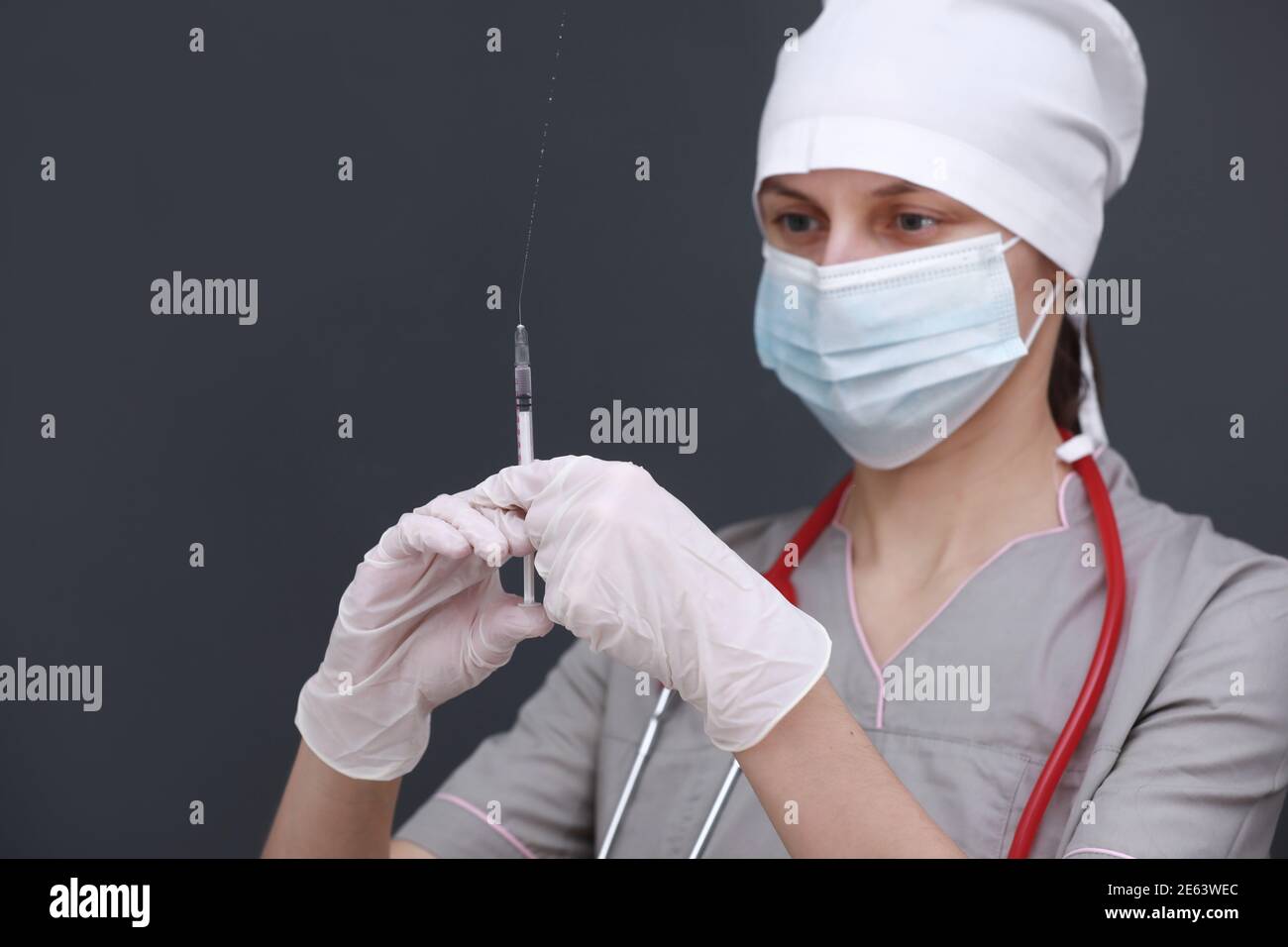 Syringe, medical injection in hand, palm or fingers. Medicine plastic ...