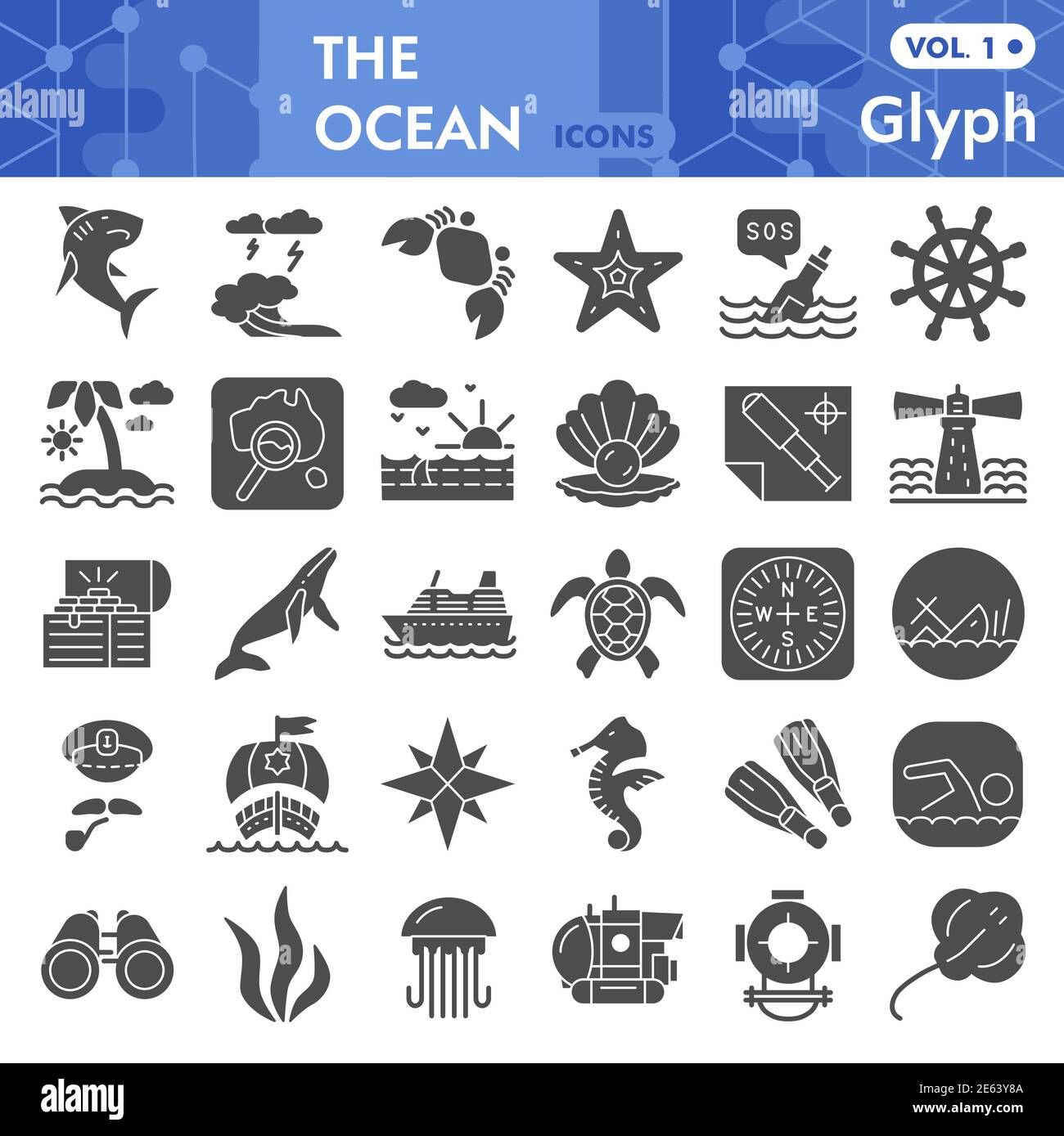 Ocean solid icon set, nautical symbols collection or sketches. Marine ...