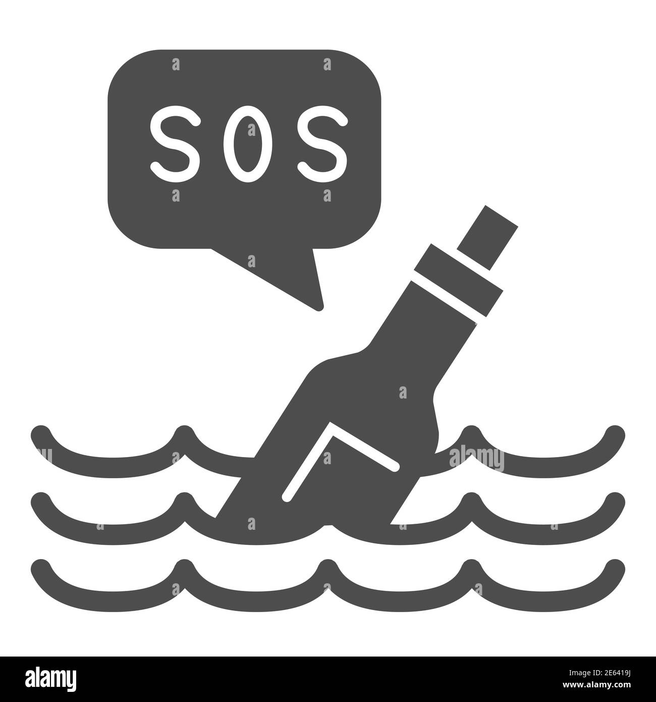 Bottle with sos message solid icon, ocean concept, Bottle on wave sign ...