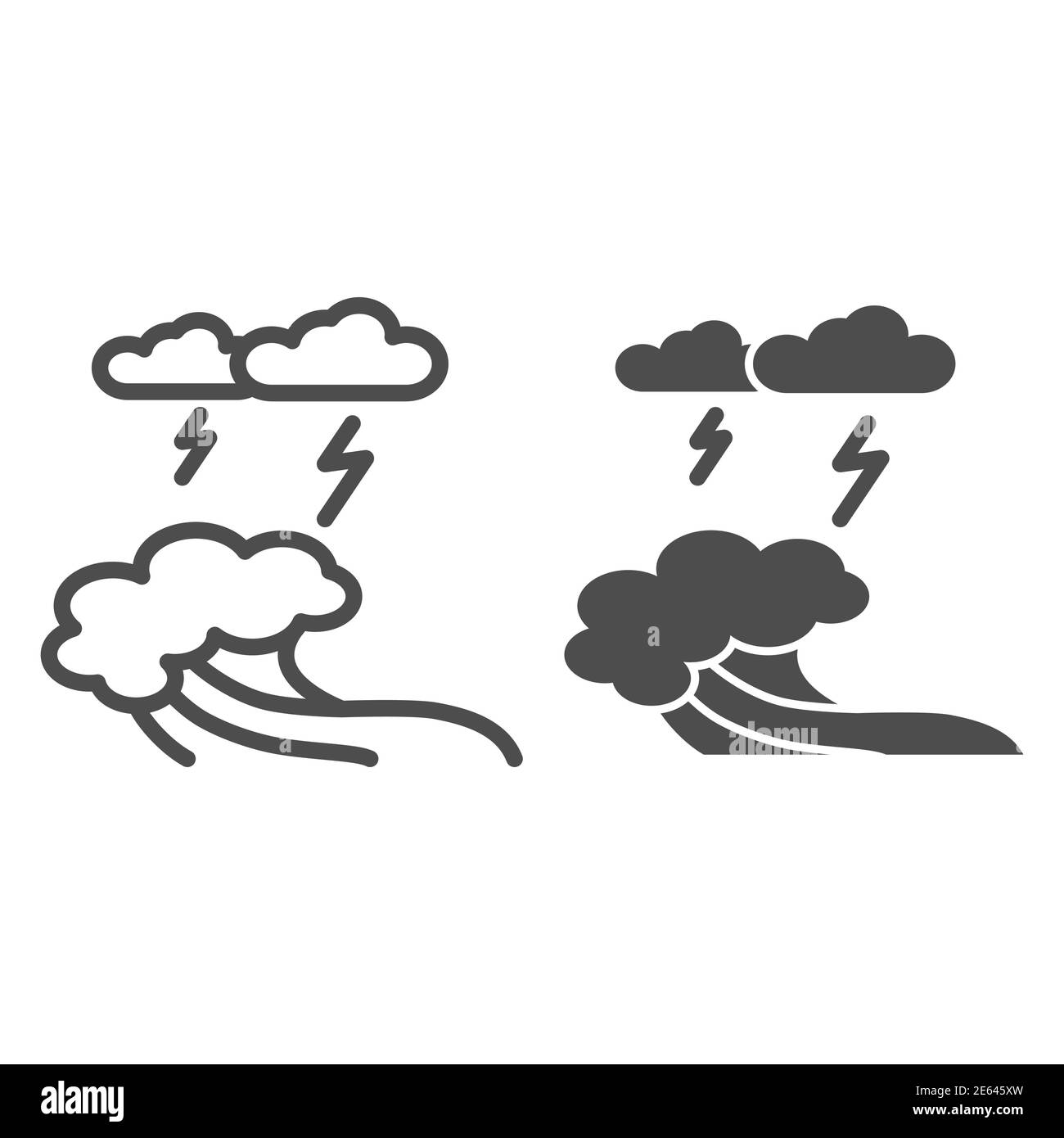 Sea waves, lightning and clouds line and solid icon, nautical concept ...