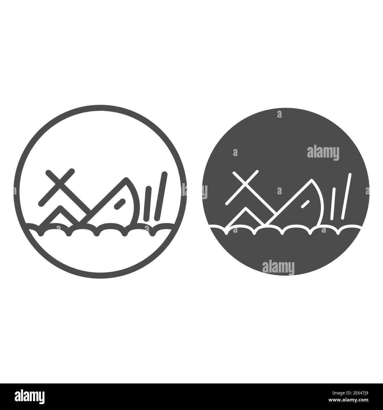 Shipwreck line and solid icon, marine concept, Sinking ship sign on ...