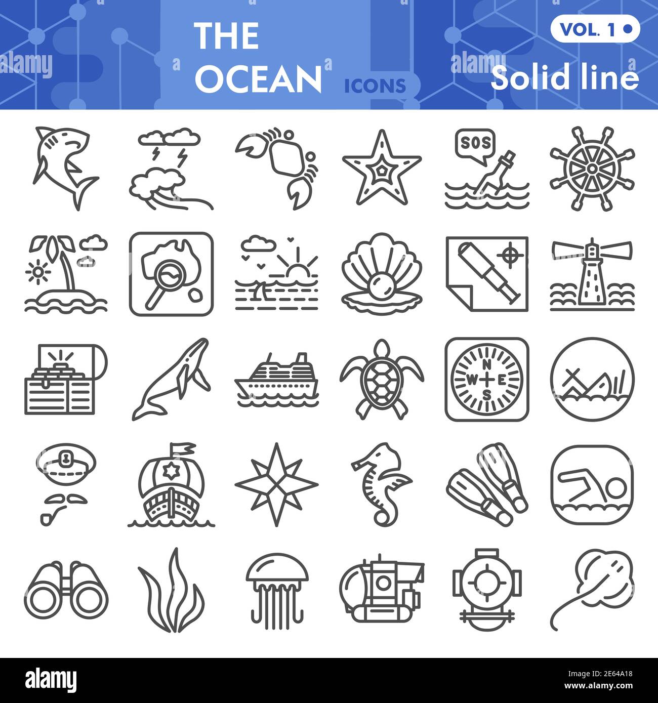 Ocean line icon set, nautical symbols collection or sketches. Marine ...