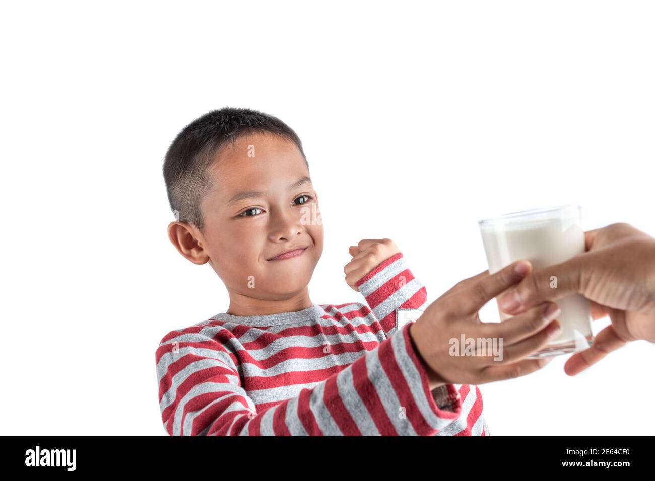 Concept of healthy milk drinking, The little boy is happy with a glass ...