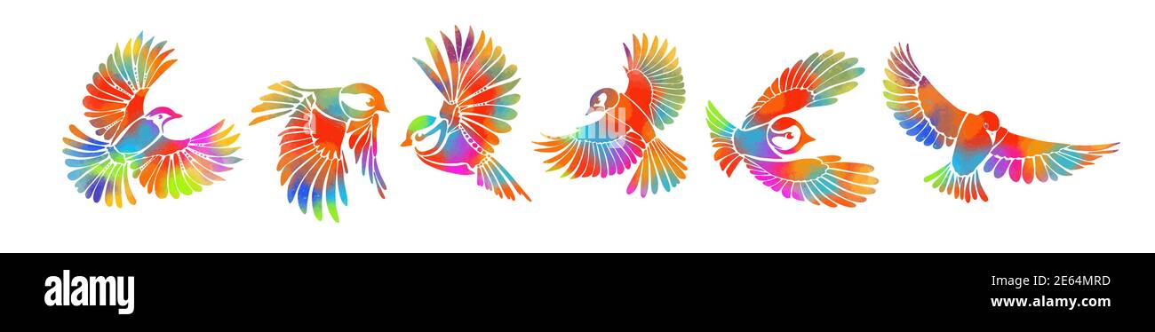 A multi-colored flying decorative birds. Set of rainbow stylized birds ...