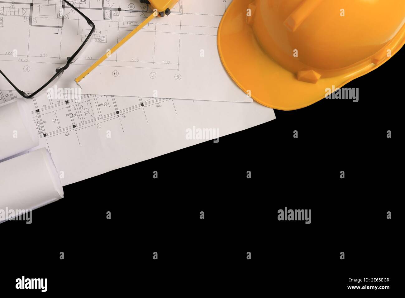 Top view, architect's office desk with construction drawings Stock ...