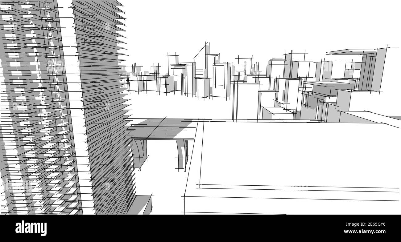 Abstract architectural drawing sketch, City scape, 3D Illustration ...